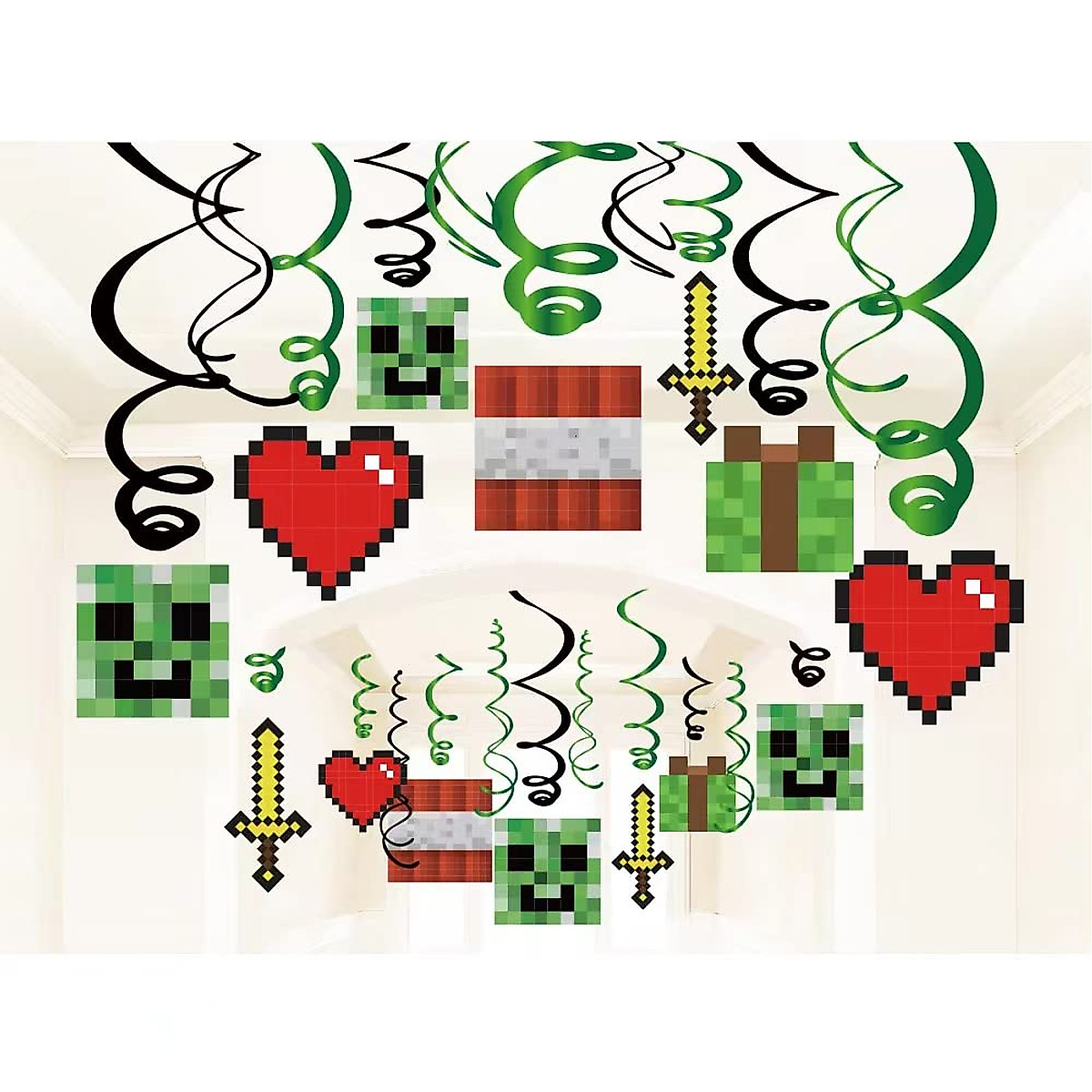 30Ct Pixel Mine Hanging Swirl Decorations - Pixel Mine Birthday Party Supplies Fan Decors