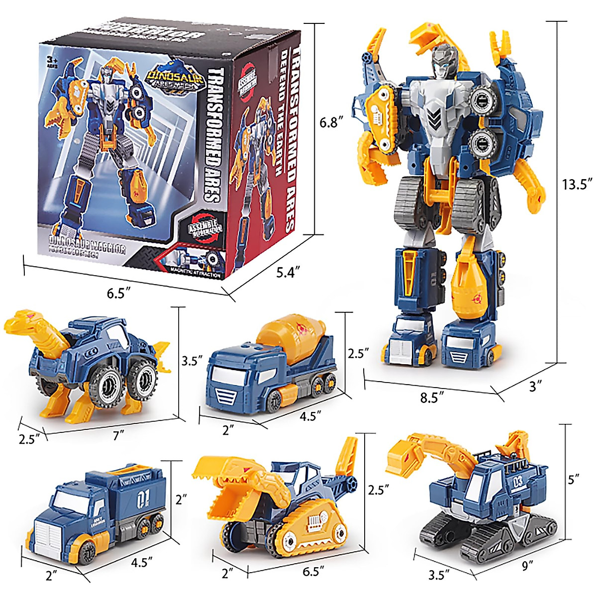 Toddler Construction Car Transform Set, 5pcs Dinosaur Rescue Robot with Magnetic Connectors, Assemble Building Trucks DIY STEM Toy, Holiday Birthday Present for Kids Boy Girl 3 4 5 6 7 Year