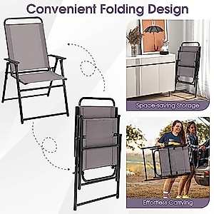 Giantex Patio Chairs Set of 4, Outdoor Folding Chairs with Armrests, Metal Frame, Outside Foldable Dining Chairs for Lawn Deck Porch Beach Yard (Gray & Black)
