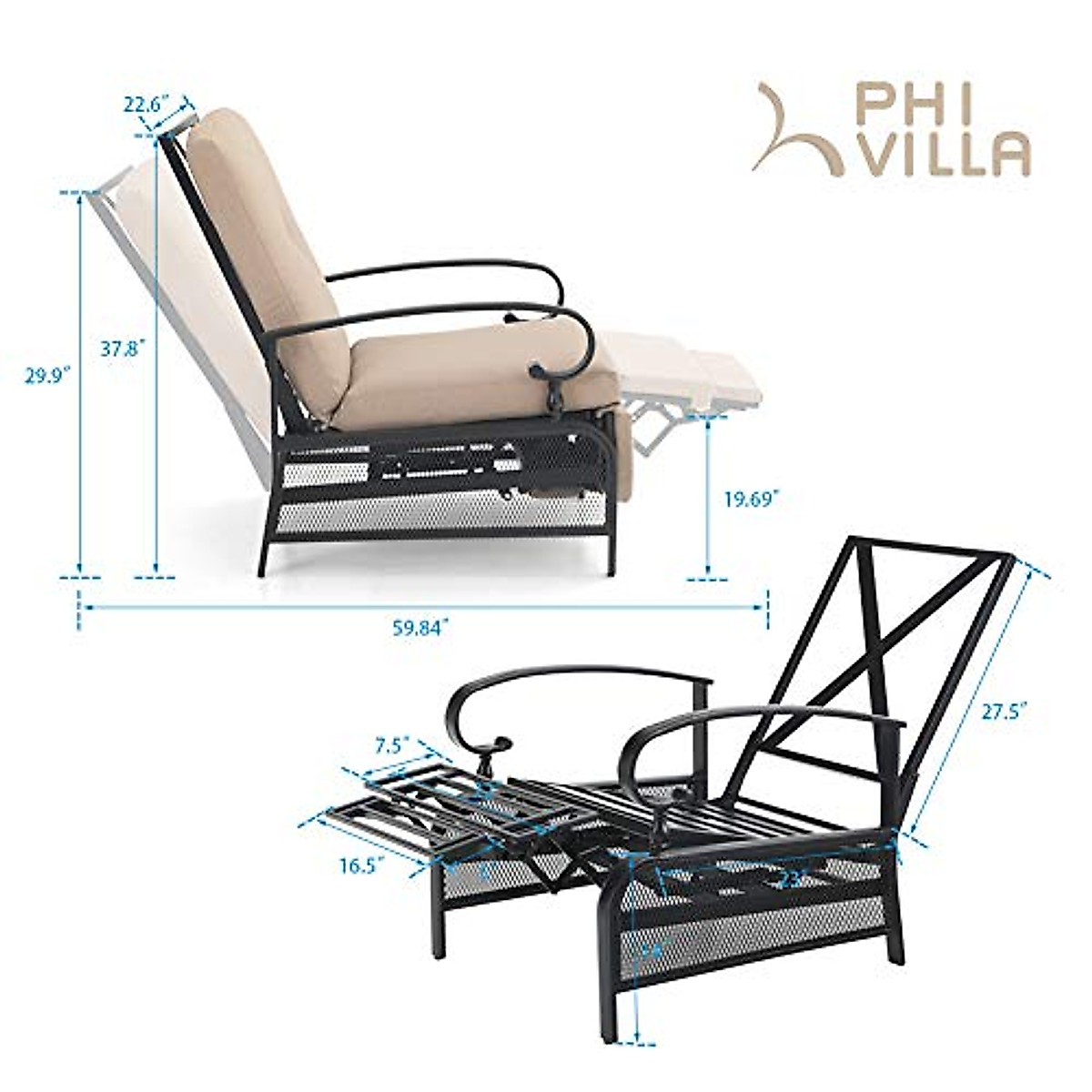 PHI VILLA Oversized Outdoor Recliner Chairs Set of 2, Zero Gravity Metal Patio Recliner Lounge Chairs with Removable Beige Cushions for Garden, Poolside, Lawn