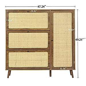 FOKWE Natural Rattan Shoe Cabinet, Shoe Cabinet with 3 Flip Drawers and Storage Shelves, Modern 3-Tier Shoe Rack Storage Cabinet for Entryway, Hallway, Bedroom(Walnut)