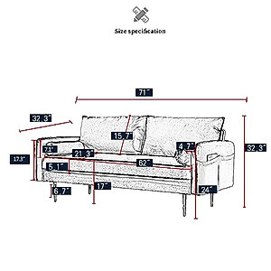 Imseigo 71” Velvet Loveseat Sofa, 3-Seater Sofa for Small Space, Mid Century Modern Futon Couch with Golden Metal Legs and Side Pocket, Small Couches for Living Room, Bedroom, Apartment (Blue)