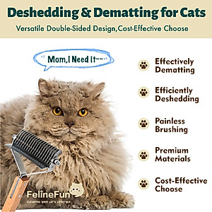 FelineFun Cat Brush for Dematting & Deshedding, 2 in 1 Undercoat Rake, Efficiently Remove Loose Hair & Matted Fur, Professional Shedding Comb for Indoor Cats & Long Haired Cats