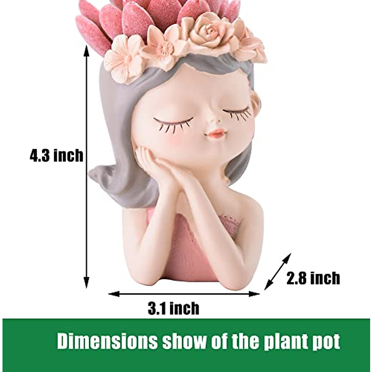 Yukawang Cute Succulent Pots Fairy Succulent Plant Pot, 4 Inch Indoor Resin Unique Cactus Flower Pot with Little Girl Head Face Planter Container for Home Office Desk Garden (D)