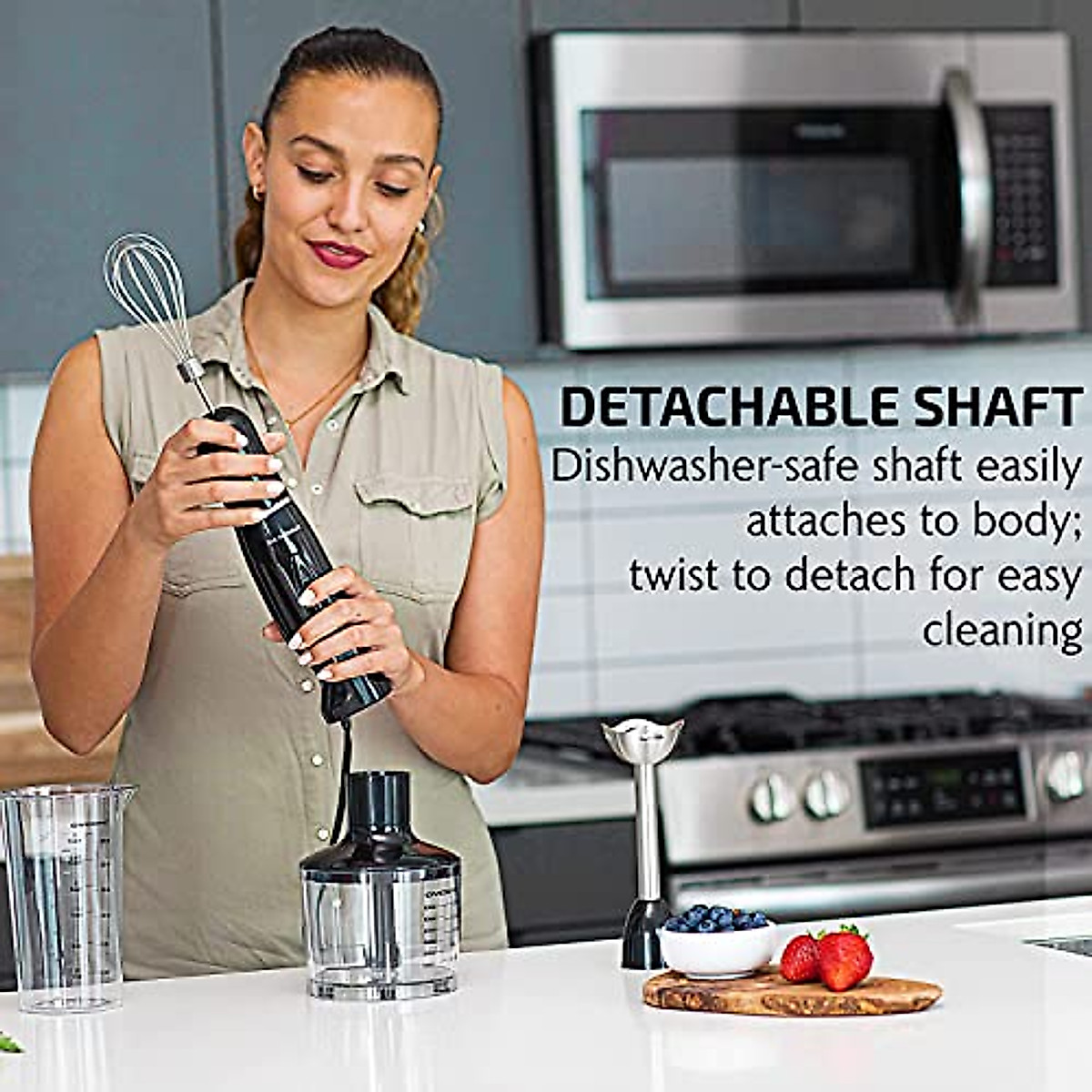 OVENTE Immersion Electric Hand Blender 300 Watt Power 2 Mix Speed with Stainless Steel Blades, Handheld Stick Mixer Set with Egg Whisk Attachment Mixing Beaker and BPA-Free Food Chopper, Black HS565B