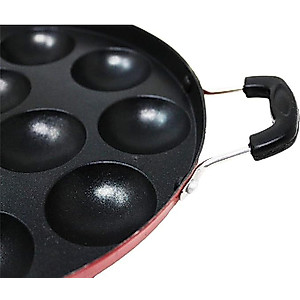 KASHVIYA Heavy 12 Cavities Non Stick Appam Patra With Stainless Lid,Red (Paniyarrakal/Paniyaram/Appam Pan/Maker/Pan Cake Maker), Aluminium (Large Black)(Gas Compatible)