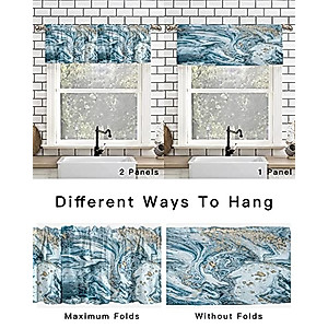 LBHAUSE Art Marble Curtain Valances for Window, Rod Pocket Window Valance Curtain Kitchen Short Curtain for Bedroom Living Room Blue White Gold Liquid Abstract Ocean 60"x18"