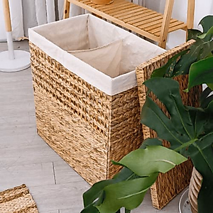 WERORA - Hampers for Laundry 136L, Wicker Water Hyacinth Double Laundry Baskets, Divided Laundry Hamper, Tall Collapsible Laundry Hamper with Lid, Boho Laundry Basket for Bathroom, Bedroom.