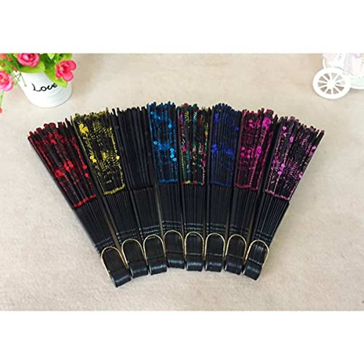 RAZZUM 2 Pcs Handmade Sequins Peacock Dancing Fans Foldable Fan Sequin Fan Hand Fans for Women Peacock Fan Folding Fan Spanish Hand Fan Flower Folding Fan Summer Handheld Fan Silk Fan Fan