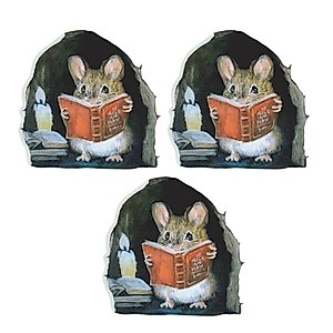 Walbest 3D Mouse Hole Wall Stickers 3Pcs Mouse Reading Book in Wall Decals - Waterproof Funny Wall Stickers for Bedroom Nursery Wall Decor(Mouse Color Upgrade)