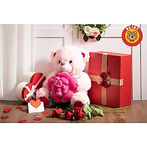 BEJOY Teddy Bear Stuffed Animals Plush Bear Holding Rose Soft Plush Toy Valentine's Day, 16 Inch, Pink