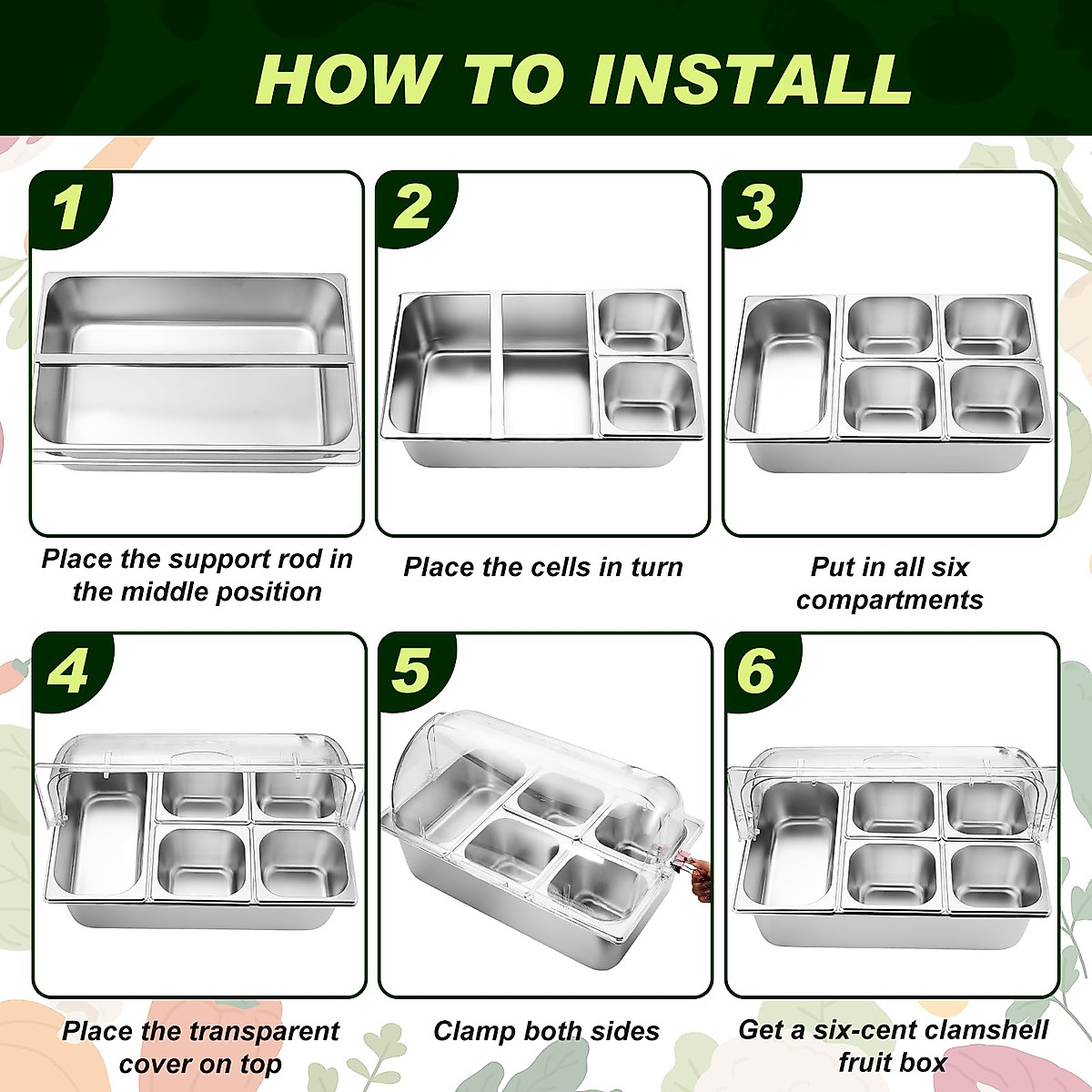 Tessco 1 Set Countertop Ice Food Serving Display Container Condiment Dispenser with Lid Stainless Steel Serving Tray Buffet Station with Clamps Spoons Ice Box for Restaurant Kitchen (5 Compartments)