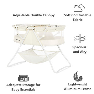 Dream On Me Karley Bassinet in French White, Lightweight Portable Baby Bassinet, Quick Fold and Easy to Carry , Adjustable Double Canopy, Indoor and Outdoor Bassinet with Large Storage Basket.
