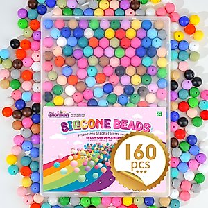 Gionlion 160PCS Silicone Beads, 15mm Silicone Beads Bracelet Making Kit, Soft Rubber Round Beads for Keychain Wristlets, Loose Beads Crafts for Necklace Jewelry DIY