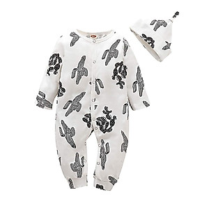 TMEEIHNSS Newborn Baby Boys Girls Bodysuit 2 Piece Set Infant Cactus Print Romper Jumpsuit Hat Outfits Sets (White, 0-3)