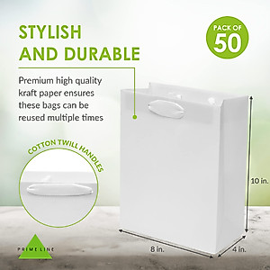 White Gift Bags with Handles - 8x4x10 Inch 25 Pack Designer Shopping Bags in Bulk, Small Gift Wrap with Fabric Ribbon Handle for Boutiques, Small Business, Retail Stores, Merchandise, Birthday Parties