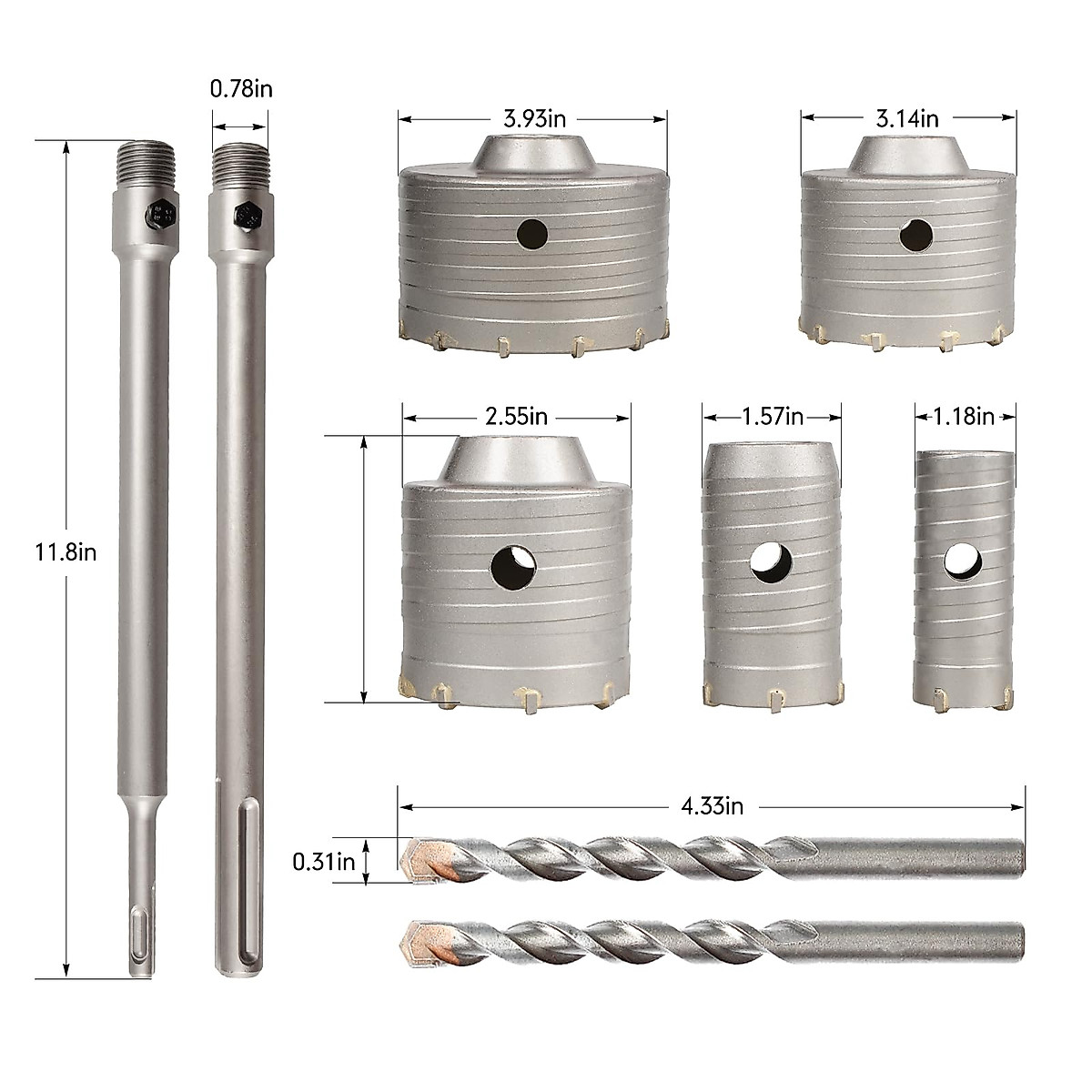 YOSIGHT 9Pcs Masonry Concrete Hole Saw Kit, Tungsten Carbide 300 mm SDS Plus and SDS Max Bit Shank Diamond Core Drill Bits Set (30 40 65 80 100 mm), Hole Saw Set for Concrete Brick Stone Cement Tile
