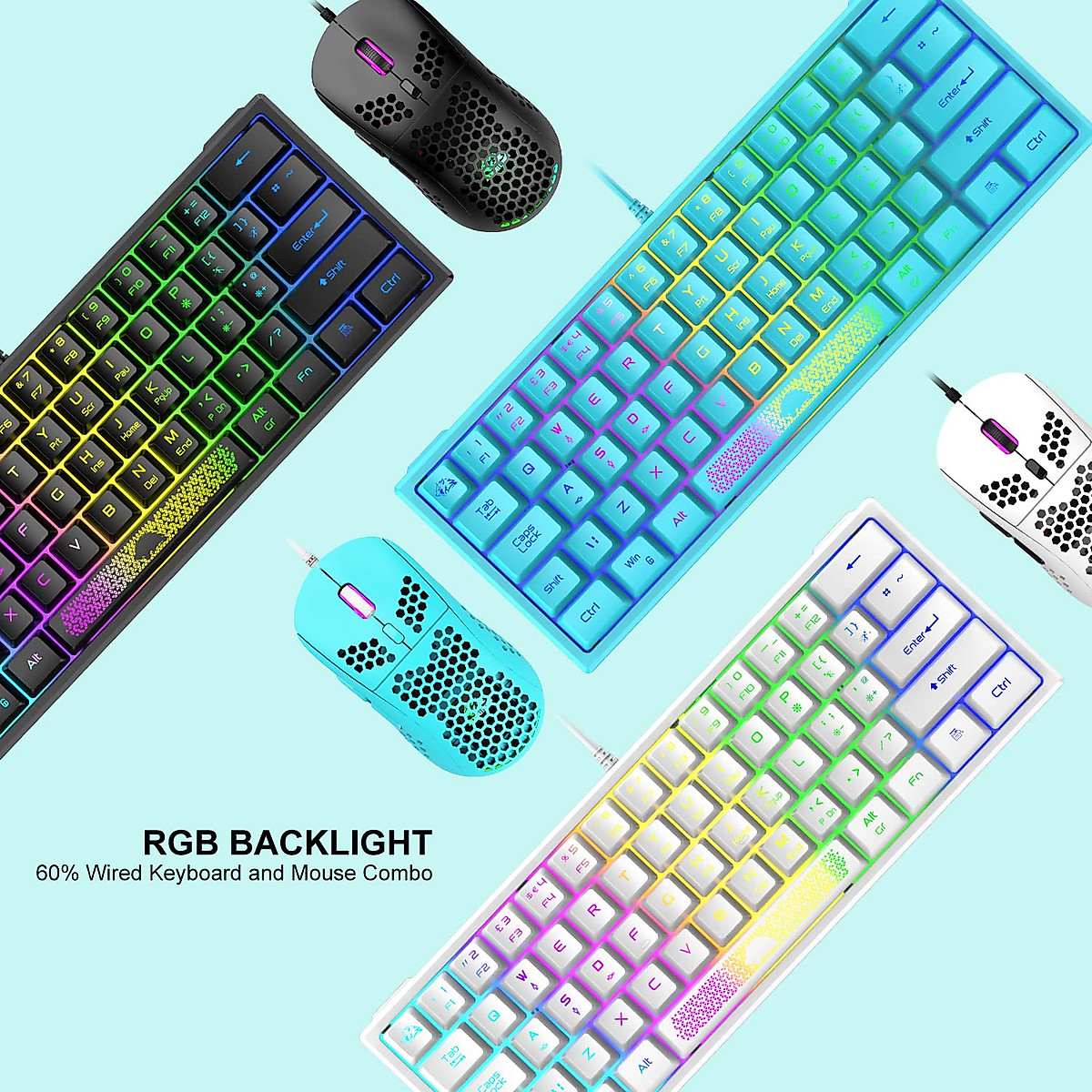 60% Gaming Keyboard and Mouse Combo Duble Color Keycaps Samll RGB Backlight Mechanical Feeling and Mechanical RGB 6400 DPI Honeycomb Optical Mouse,Gaming Mouse pad for Gamers and Typists