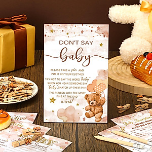 Patelai 321 Pcs Baby Shower Games Supplies, 5 Sets (50 Cards Each) Activities Cards with 20 Pencils 1 Don't Say Baby Sign 50 Clothespin(Brown Bear)