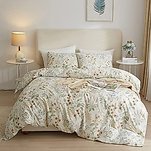 VM VOUGEMARKET Green Red Flower Duvet Cover Full Queen 100% Cotton Aesthetic Bedding Set Girls Vintage Floral Leaves Comforter Cover with Zipper Ties 90x90 Inch