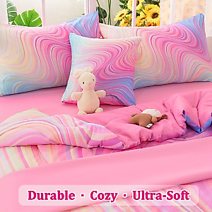 Girls Full Bedding Sets, 6 Pcs Pink Full Szie Comforter Set with Sheets, Tie Dye Superior Blue Pink Rainbow Bedding Set for Girls Kids
