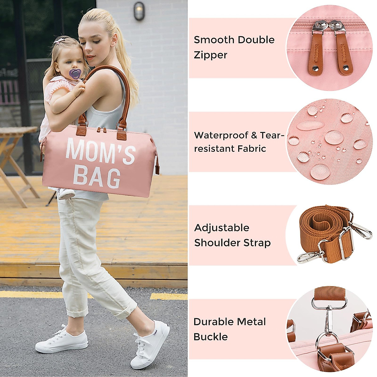 printe Mommy Diaper Bag Tote for Girls with 2 Organizer Pouches, Large Capacity Mom's Bag for Hospital and Weekender Travel, Pink