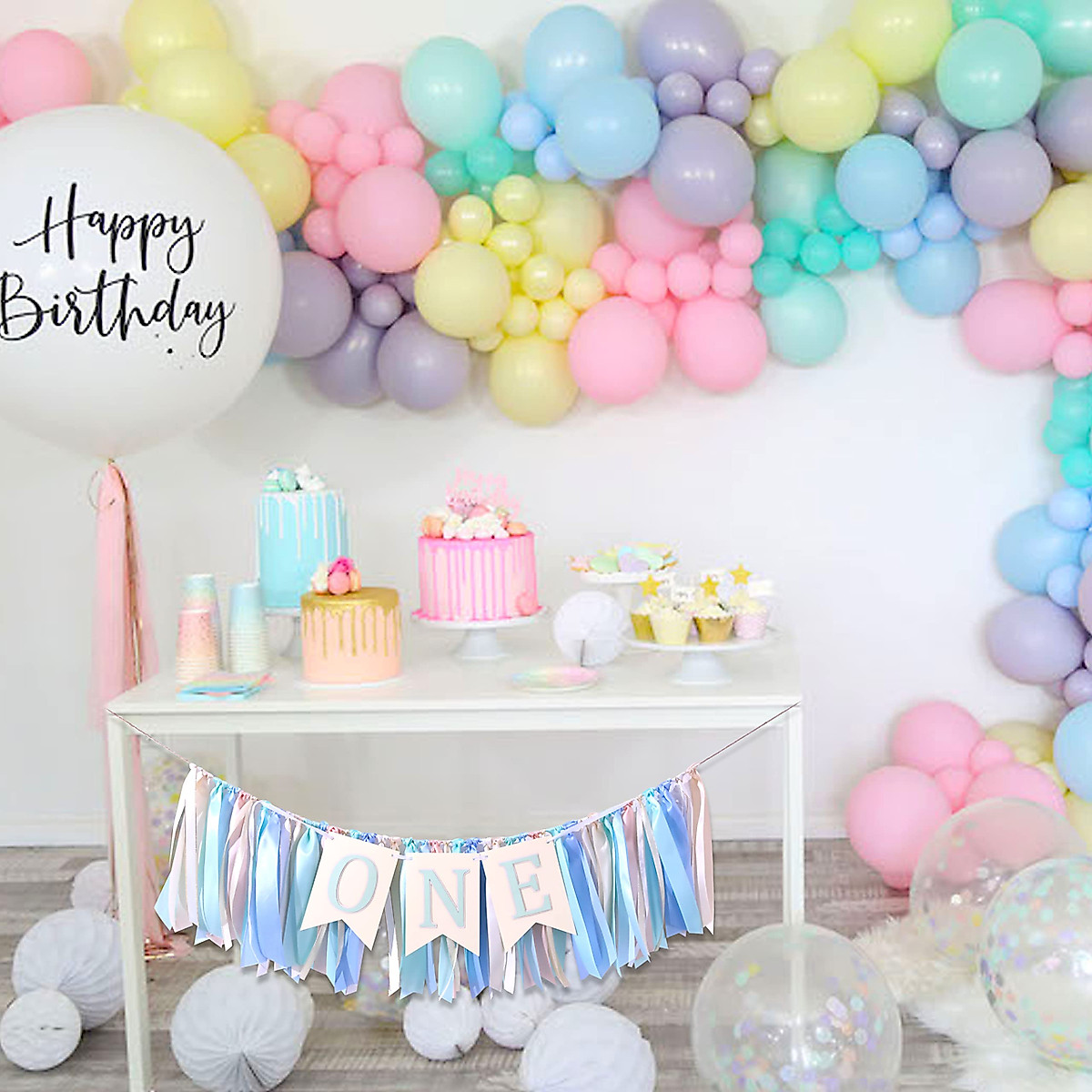 Blue and Green 1st Birthday Banner - Highchair Banner 1st Birthday Boy , Greenery Party Decorations , First Birthday Decorations for Kids , Baby Birthday Party Photo Props(Blue and Green Banner)