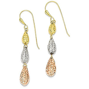 14K Tri Color Gold Teardrop Drop Dangle Earrings