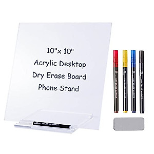 Acrylic Dry Erase White Board - 10 x 10 Inches Clear Desktop Whiteboard Frameless to List Board with Markers Tray Small Desktop Dry-Erase-Board Mini Easel Whiteboard