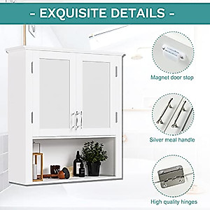 MEETWARM Bathroom Cabinet Wall Mounted with Double Doors, Wood Hanging Cabinet, Medicine Cabinet Storage Organizer with Height Adjustable Shelves Over The Toilet, White