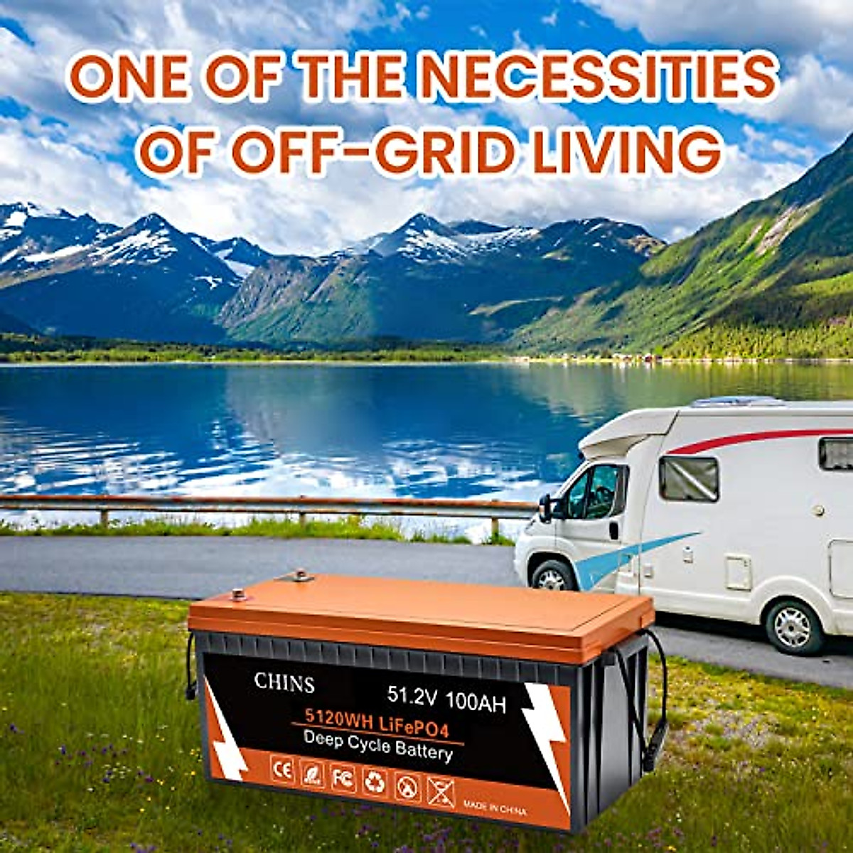 CHINS Bluetooth LiFePO4 Battery，48V 100Ah Smart Lithium Battery，Perfect for Golf Cart, Trolling Motor, Boat, RV, Solar, Home Energy Storage, Backup Power and Off-Grid etc, Peak Current 500A.