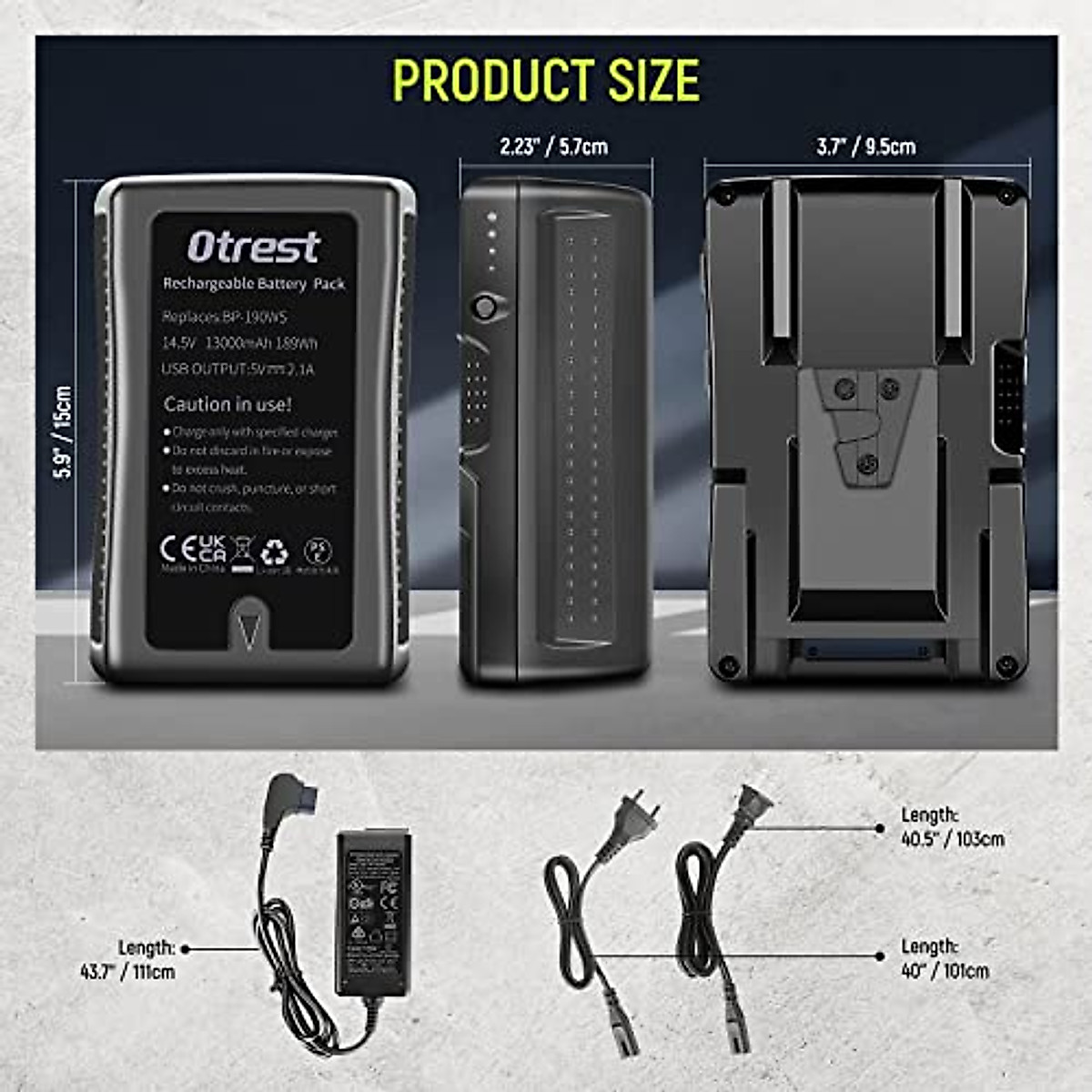 OTREST 13200mAh V Mount Battery, BP-190WS 14.8V 190Wh Rechargeable Li ion Battery with D Tap Output Charger and Cable for Video Broadcast LED Light Compatible with Sony BMPCC Camera Camcorder