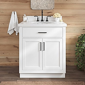 ARIEL Hepburn 31 Inch Bathroom Vanity with Sink, White Bathroom Vanity, Solid Wood Vanity Base Cabinet, White Quartz Top 1.5-Inch Edge, Oval Undermount Sink, 2 Soft Closing Doors, 1 Tip Out Drawer
