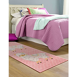 Unique Loom Whimsy Kids Collection Area Rug - Llama (Runner 2' 2" x 6' 0", Pink/ Light Blue)