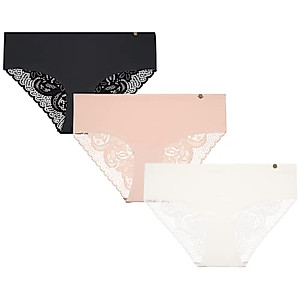 Lucky Brand Women's Underwear - Microfiber Lace Hipster Briefs (3 Pack), Size Large, Gardenia/Natural/Black