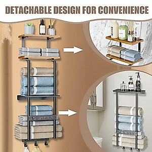 ATSKIM Wall Mounted Towel Rack for Rolled Towel, 2-Tier Detachable Wooden Shelf Bath Towel Organizer and Storage for Small Bathroom, Towel Holder for Bathroom Wall with Middle Partition (Black)