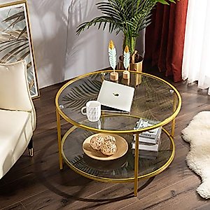 Bonnlo 31.5" Round Coffee Table with Open Storage Shelf,2-Tier Temperred Glass Round Accent Coffee Table with Metal Frame, Mustard Gold