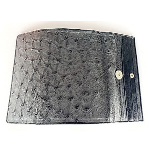 Julie Genuine Real Ostrich Skin Leather Trifold Clutch Long Black Wallet