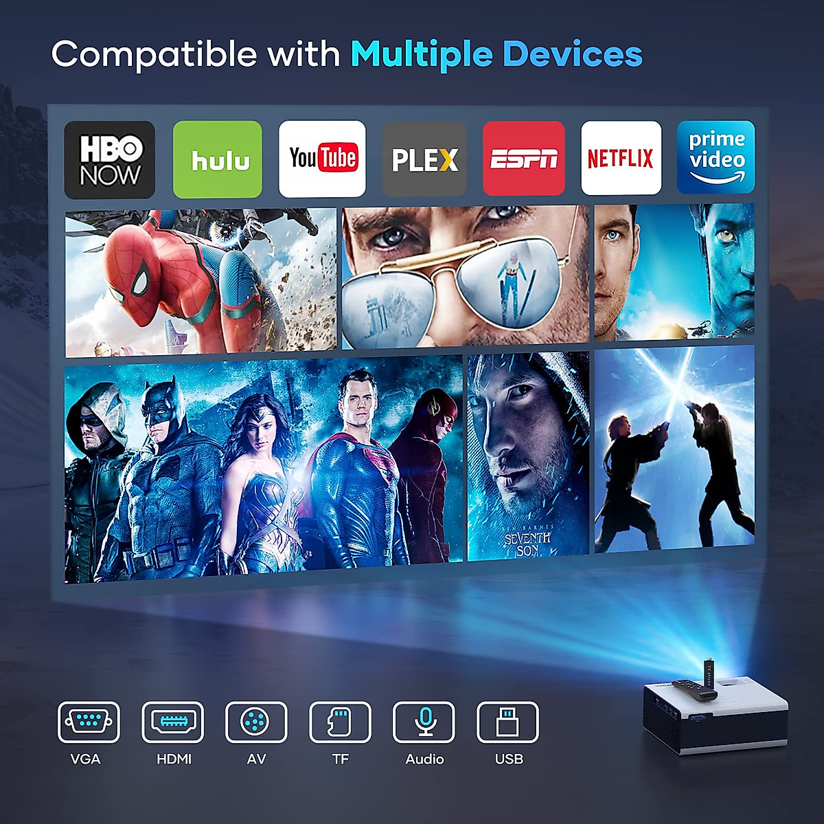 VACASSO Movie Projector Indoor, 1080P Supported Video Projector Home TV Projector Compatible with TV Stick Smartphone HDMI USB AV for Home Cinema & Outdoor Movies