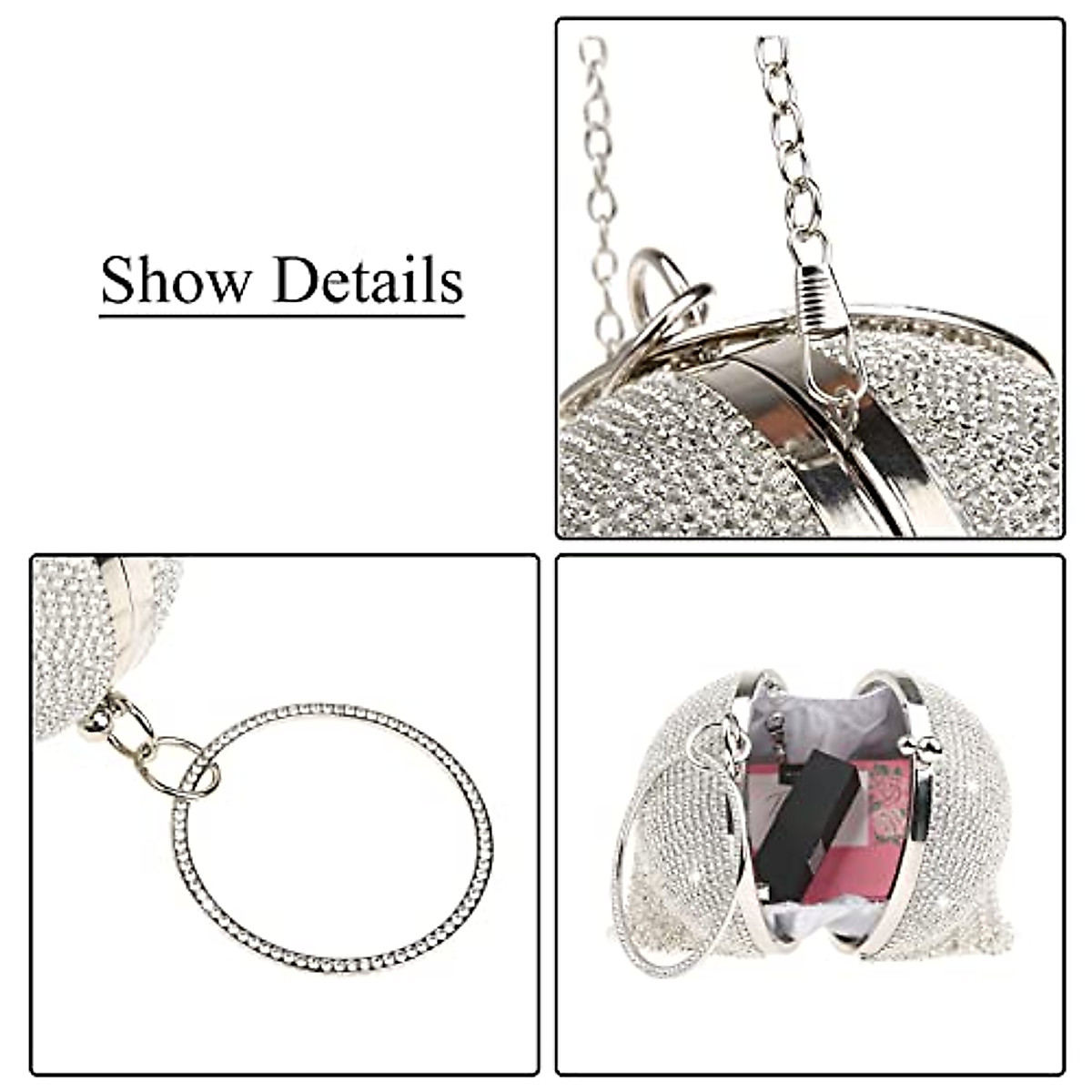 GUOZI Womens Round Ball Crystal Evening Clutch Purse with Tassel, Glitter Rhinestones Crossbody Shoulder Handbag for Wedding Party