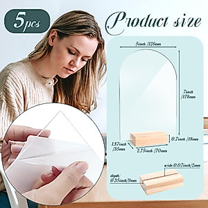 Bercoor 5 Pack 5x7 Inch Blank Clear Arch Acrylic Sign with Wooden Stands, Arched Round Top Acrylic Sheet, DIY Acrylic Arch Table Numbers for DIY Name Card Gifts Event Party Sign Decoration