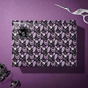 FIEHALA 12 Pcs Halloween Wrapping Paper Pink Pumpkin Skeleton Bat Design Gift Wrap Paper Folded Flat for Halloween Holiday Party - 20 x 28 Inches Per Sheet