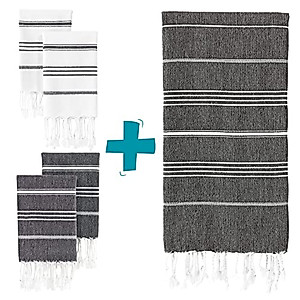 WETCAT Bundle: Turkish Hand Towels (20 x 30, Set of 2) and Turkish Bath Towel (38 x 71) - 100% Cotton, Prewashed for Soft Feel - Black and White Hand Towels & Black Bathroom Towels