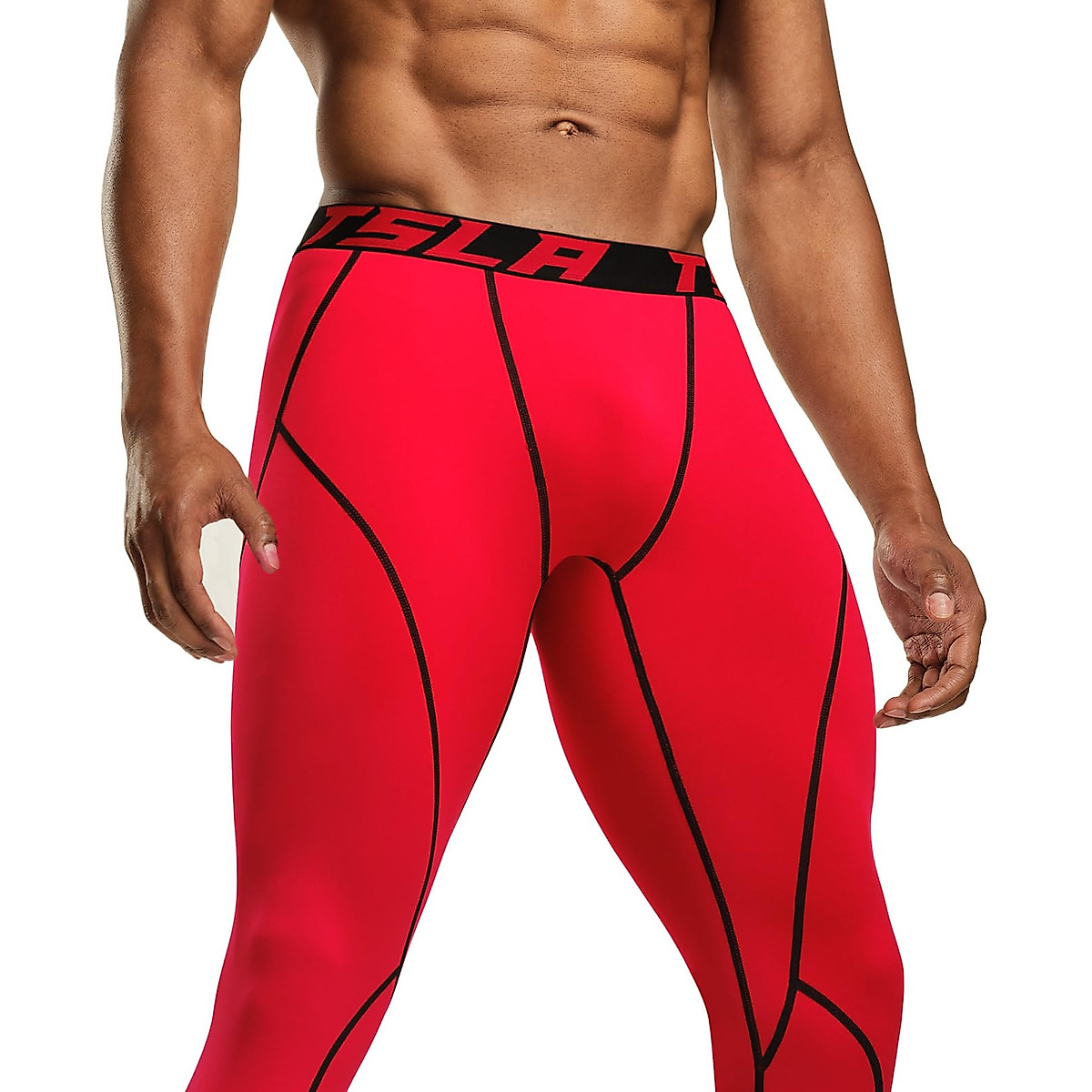 TSLA Men's Thermal Compression Pants, Athletic Sports Leggings & Running Tights, Wintergear Base Layer Bottoms, 2pack Tights Black/Red, Small