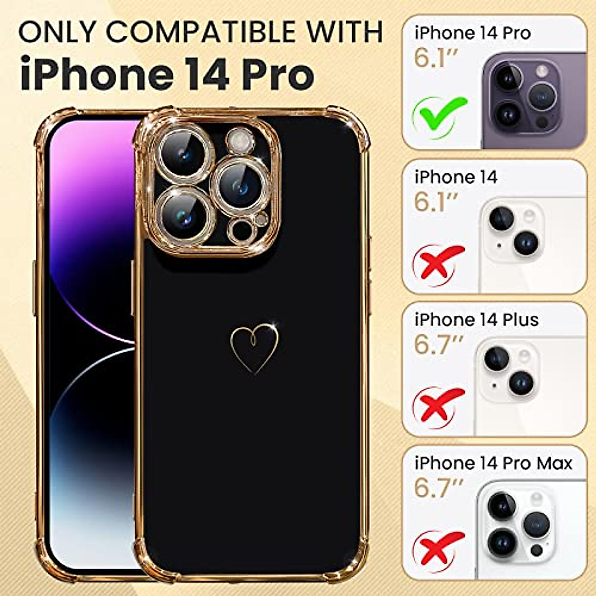 ICREEFUN for iPhone 14 Pro Case, Cute Love Heart Plating Luxury Phone Case for Women Girls, Full Camera Protection & Raised Corners Bumper Slim Shockproof Protective Phone Cover 6.1 Inch, Black