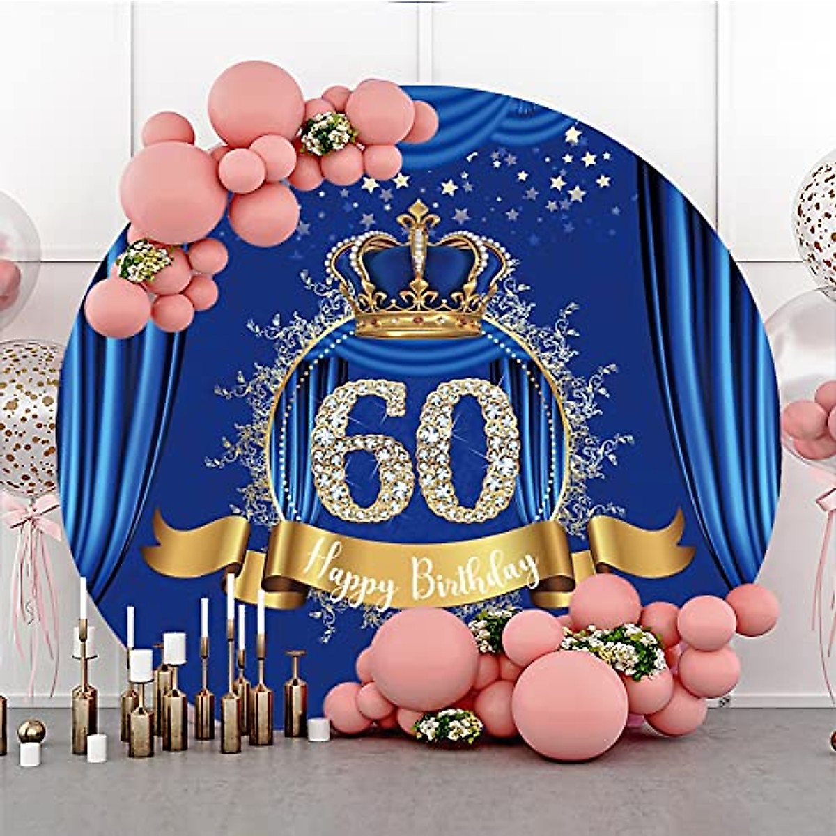 OERJU 6x6ft 60th Birthday Round Backdrop Cover for Men Royal Blue Curtain Gold King Crown Circle Photography Background Sixty Years Old Age Birthday Party Decorations Banner Photo Booth Props