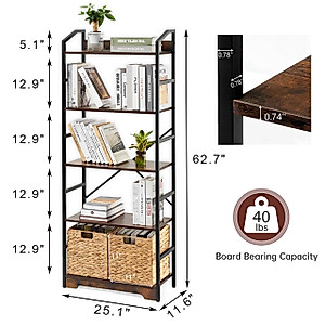 Vagusicc 5 Tier Bookshelf with 2 Storage Baskets, Tall Bookcase Shelf Storage Organizer Wood Book Shelf, Modern Shelf Rack Shelves with Steel Frame, Multipurpose Bookshelf for Bedroom Living Room