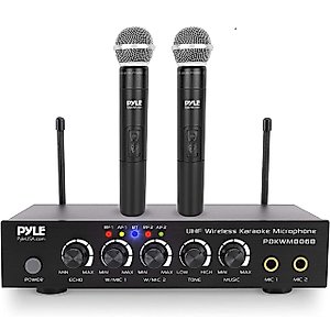 Pyle Portable UHF Wireless Microphone System - Battery Operated Dual Bluetooth Cordless Microphone Set, Includes 2 Handheld Transmitter Mic, Mixer Receiver, RCA, for PA Karaoke DJ Party PDKWM806B