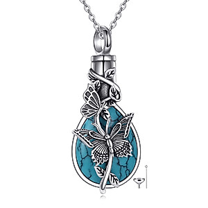 MONGAS Butterfly Urn Necklace for Ashes Sterling Silver Teardrop Turquoise Cremation Jewelry for Women