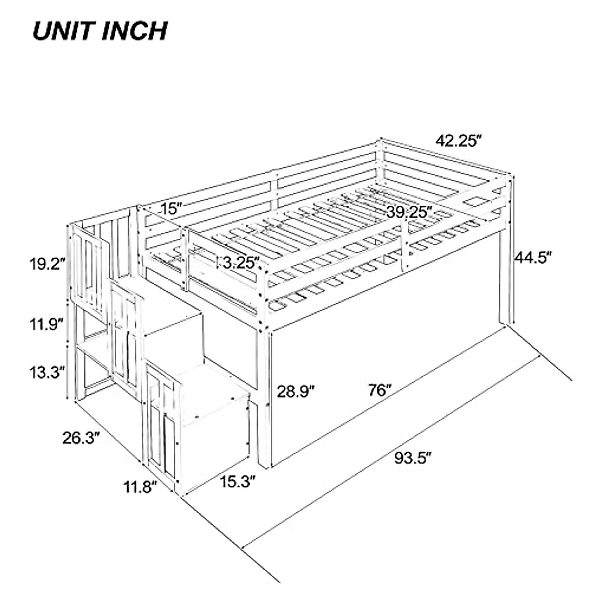 HABUHOME Low Loft Bed with Staircase,Twin Size Kids Loft Bed with Step Storage,Wood Loft Bed Frame Twin with Safety Guardrails for Girls, Boys,White